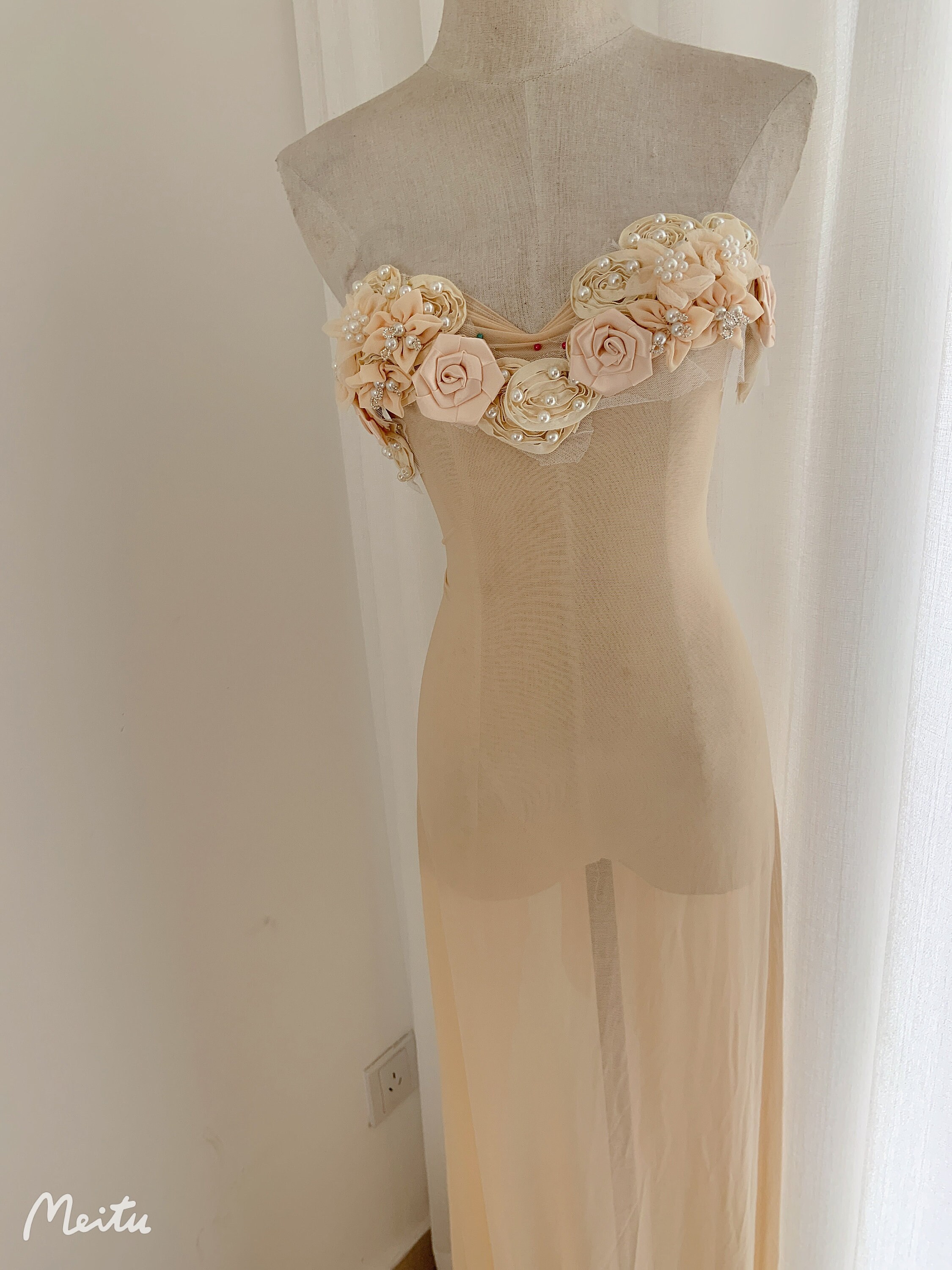 Handmade 3d Flowers Applique Pearl Beaded Bodice With Chiffon - Etsy