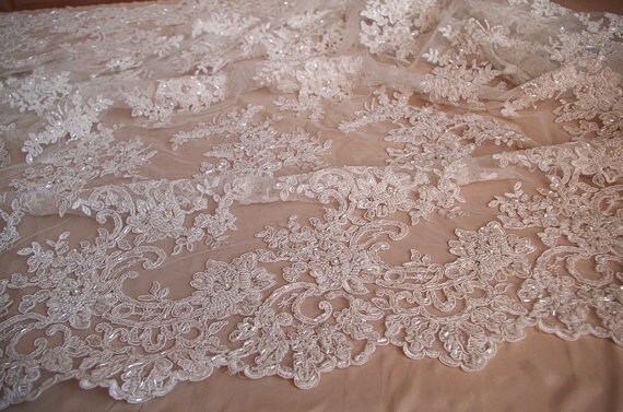 Bead lace fabric bead cord lace fabric ivory bead alencon | Etsy