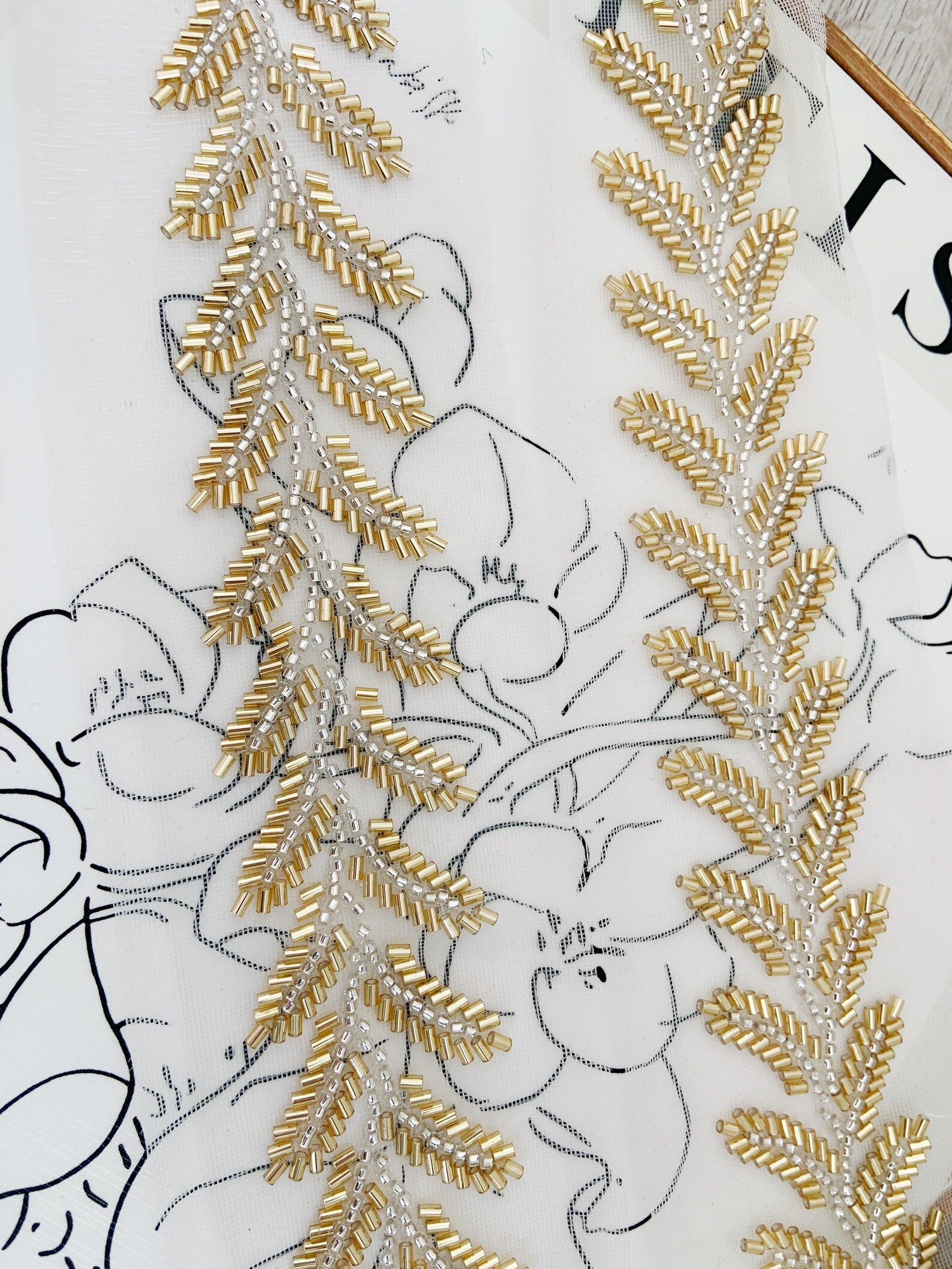 Gold Bugle Bead Trim With Leaves for Couture, Gold and Silver Leaves ...