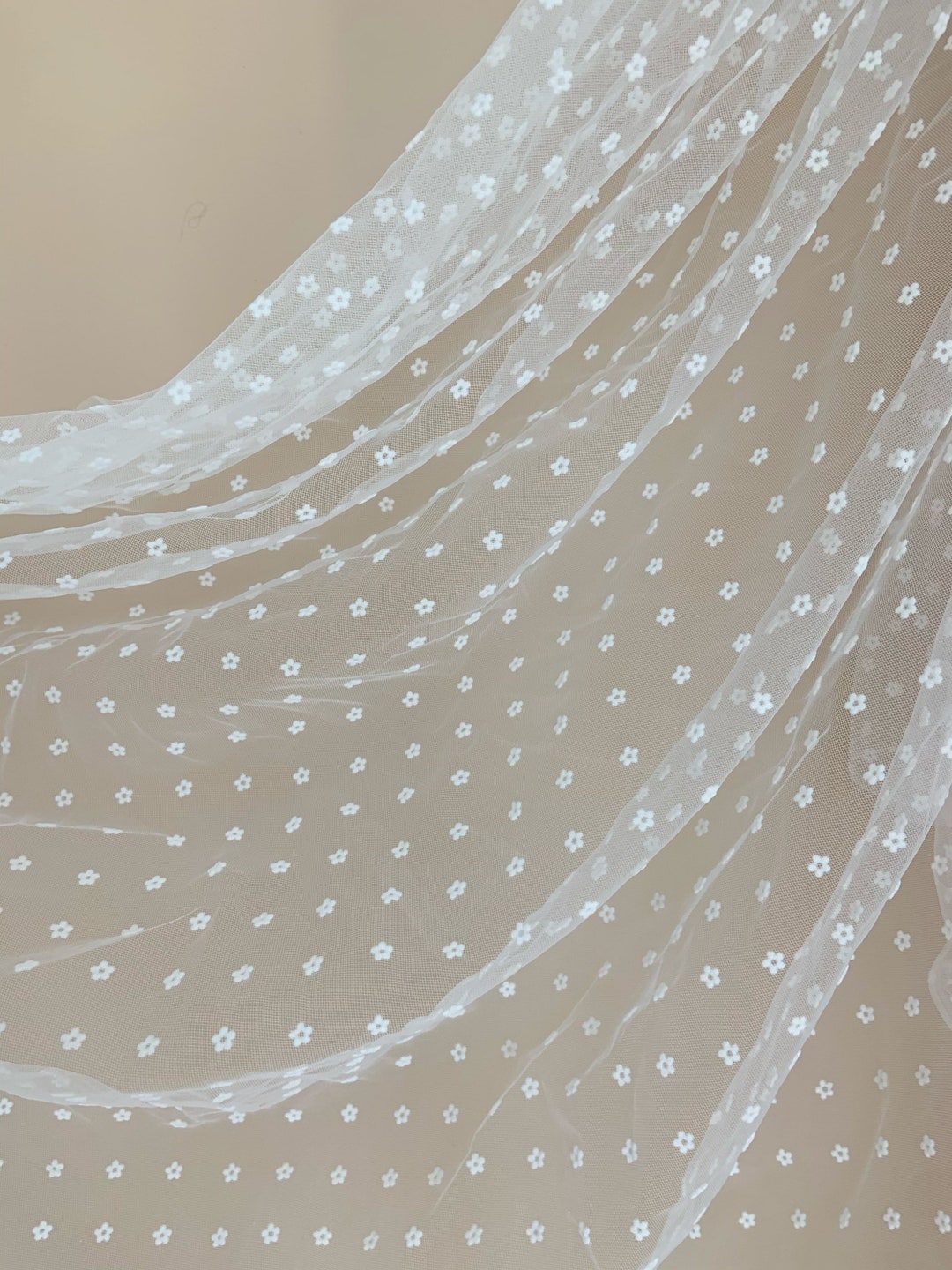 Off White Tulle Fabric With Mini Velvet Mini Flowers, Flocking Polka ...