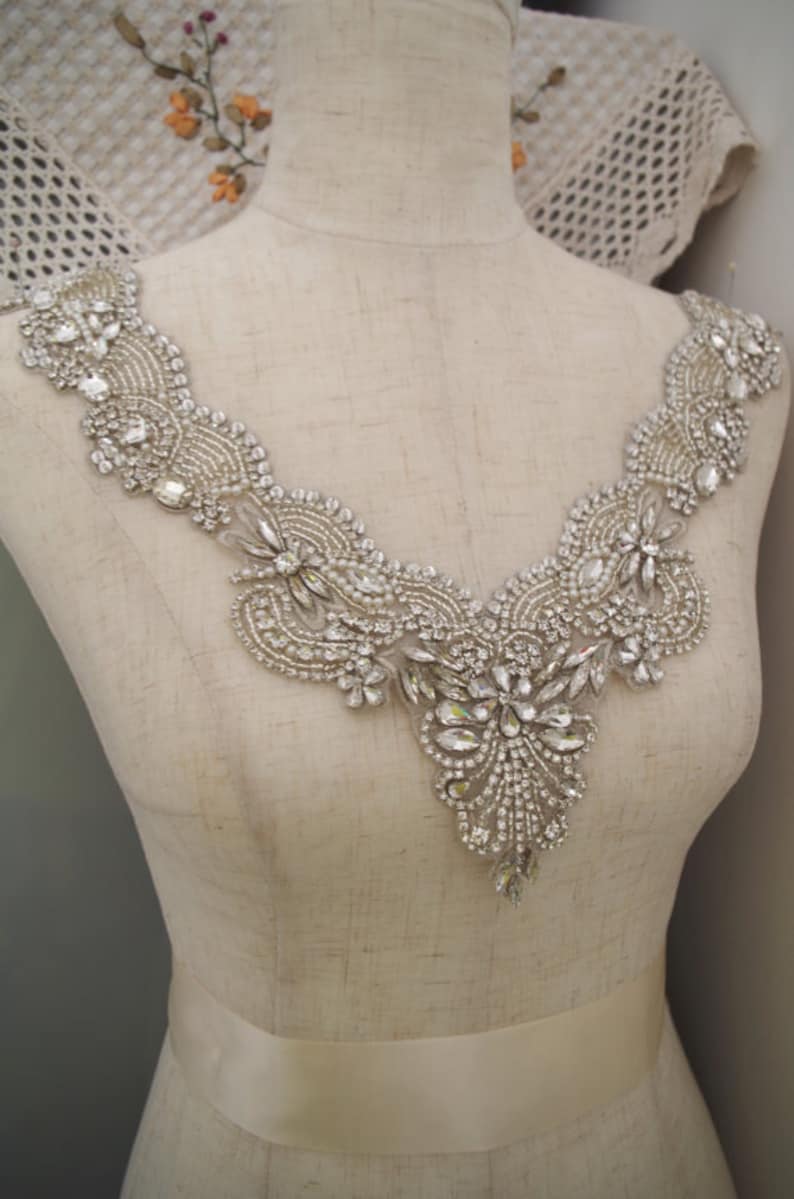 Rhinestone Bridal Collar Applique, Wedding Dress V Neckline Collar ...
