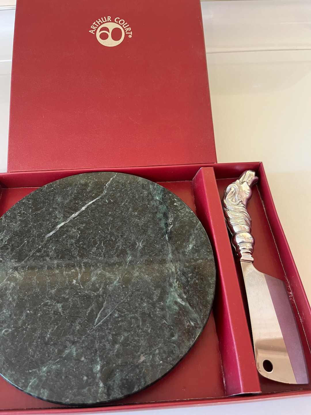 Arthur Court Cheese Set W/ Horse Knife & Green Marble Cutting Board ...