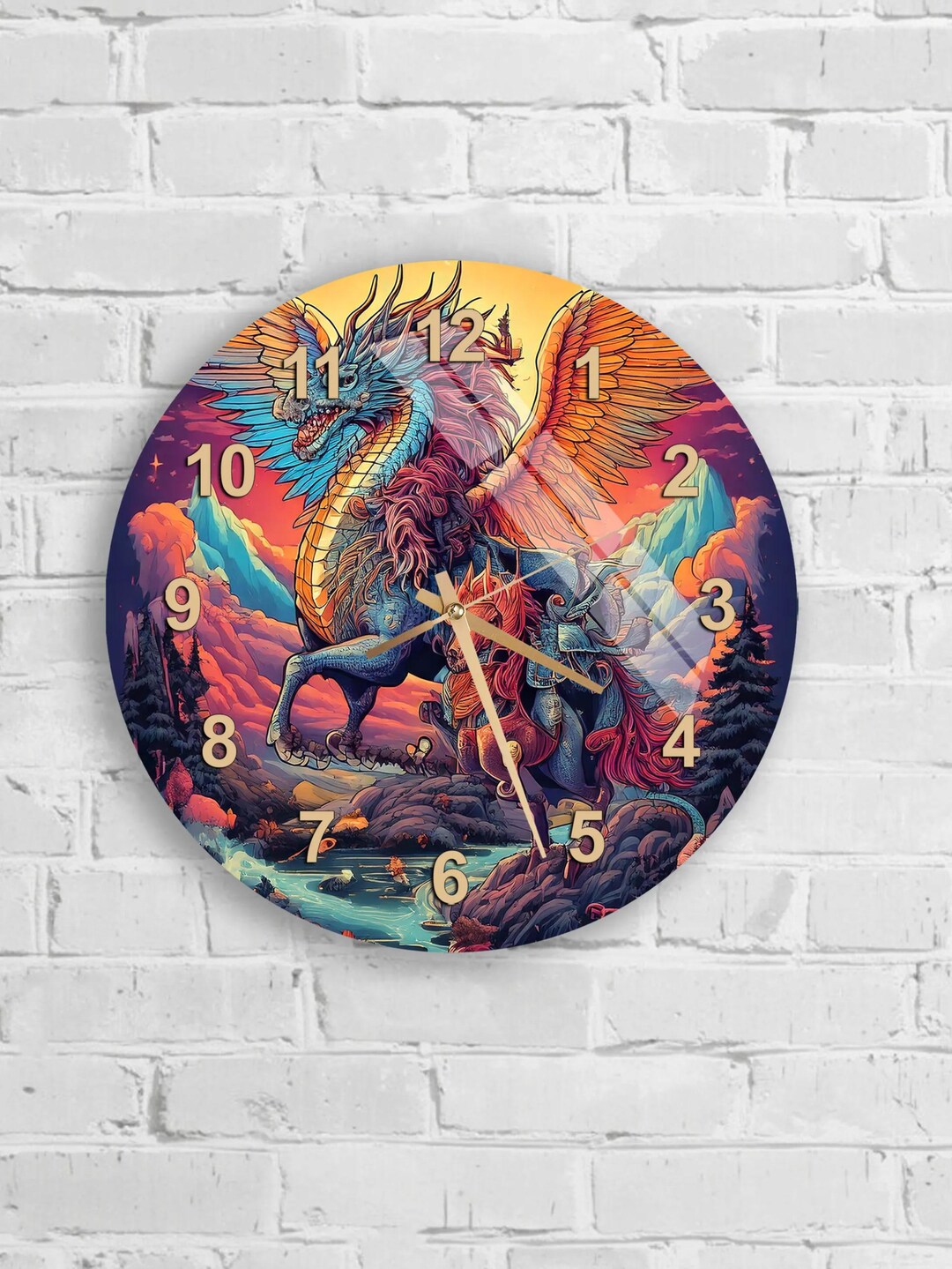 Mythical Griffin Tempered Glass Wall Clock, Fantasy Art Clock, Colorful ...
