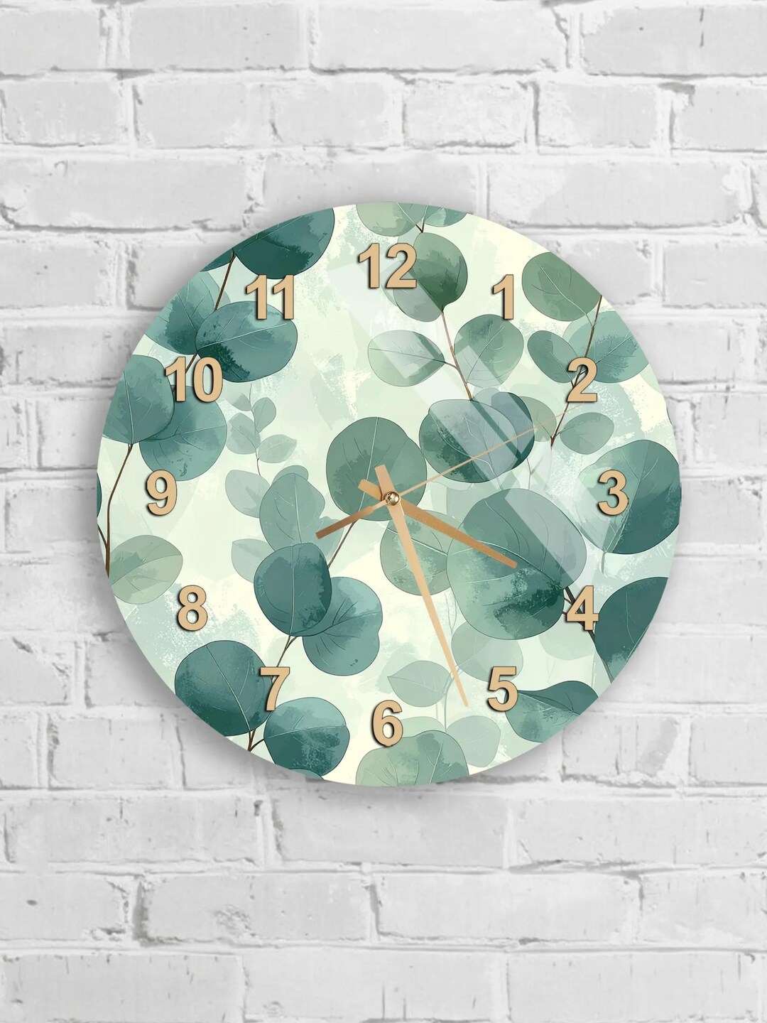 Eucalyptus Tempered Glass Wall Clock, Botanical Greenery Home Decor ...