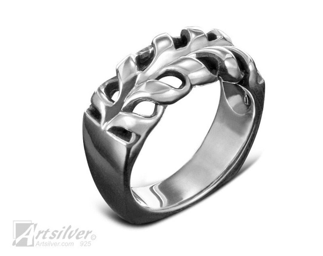 Silver Chevron Leaf Pattern Ring. Sterling Silver Mens Band Ring With ...