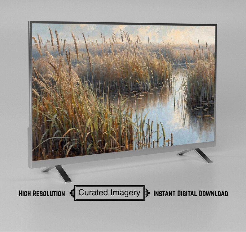Golden Marsh Landscape TV Frame Art, Serene Coastal Wall Decor (digital ...