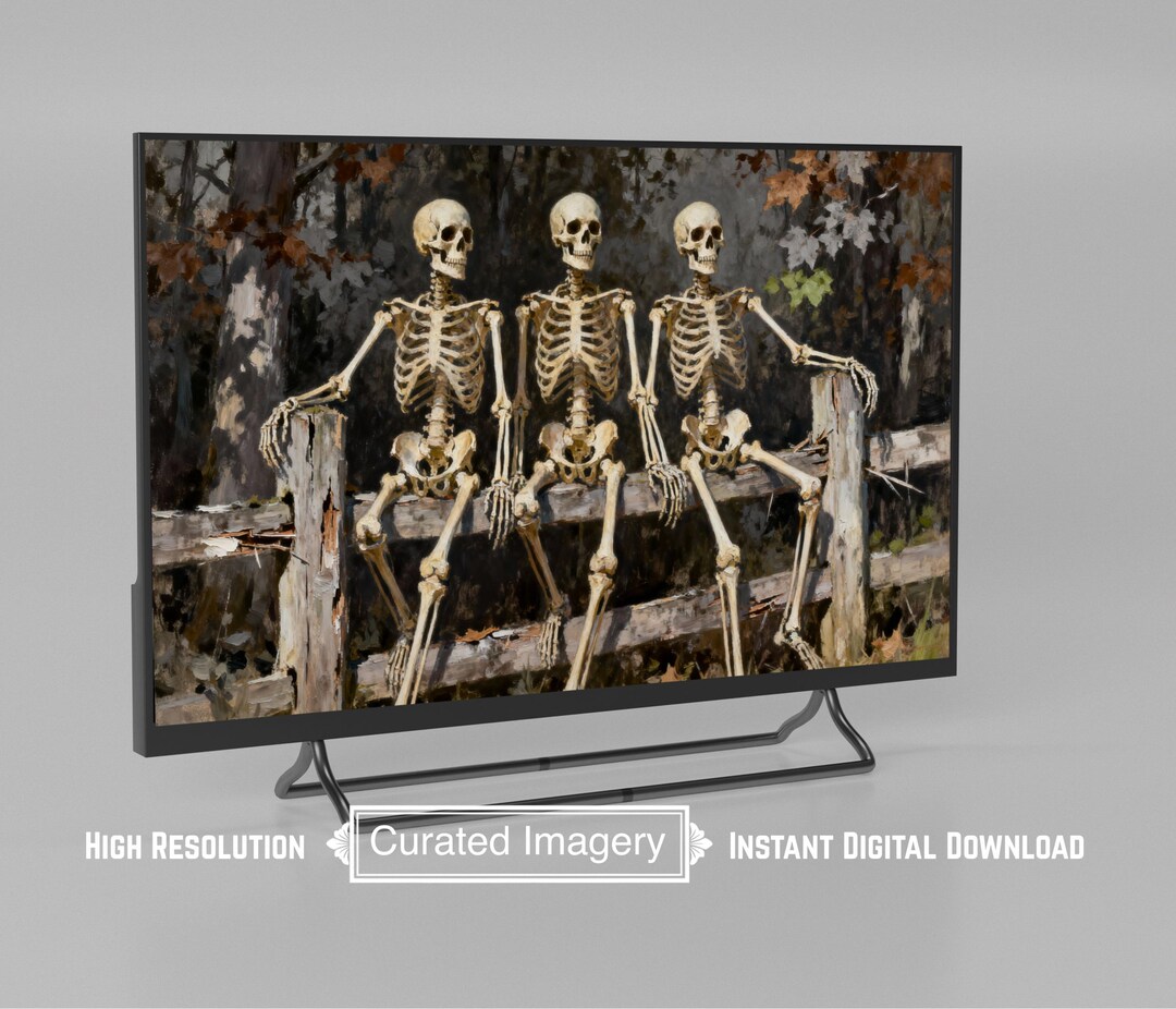 Halloween Skeletons on Fence Frame TV Art, Autumn Forest (digital ...