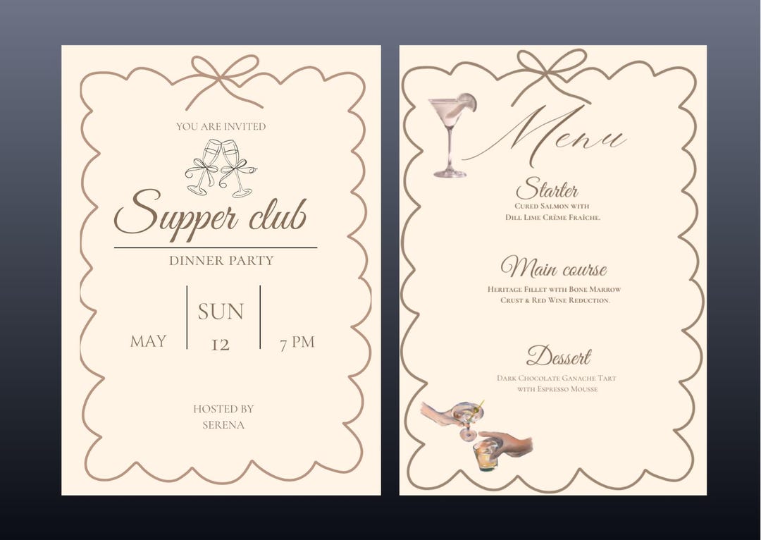 Editable Supper Club Dinner Party Bundle With Invitation, Menu, Place ...