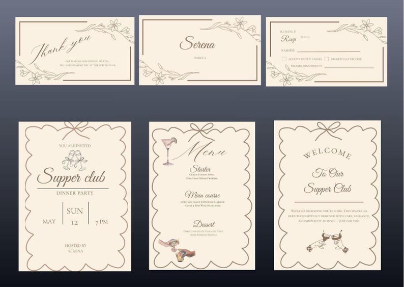 Editable Supper Club Dinner Party Bundle With Invitation, Menu, Place ...