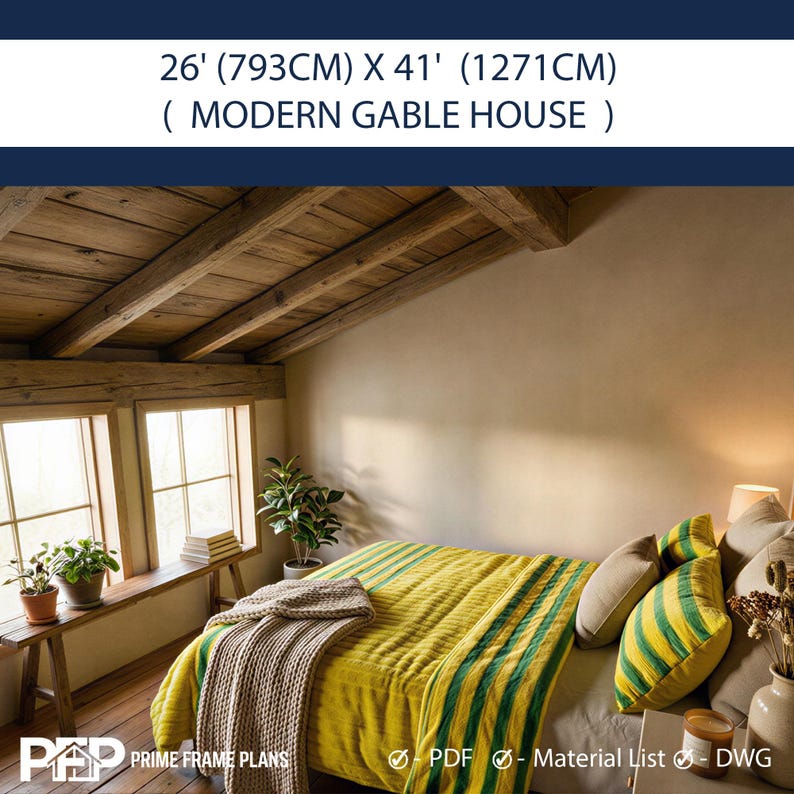 Modern Gable House Plans | 2 Bed 2 Bath Small Home (PDF + CAD ...