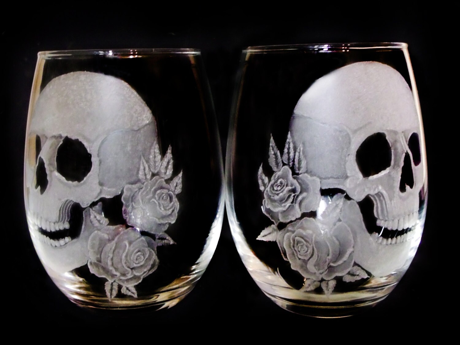 Skull and Rose Stemless Custom Wine Glass Set , Spooky Skull Wine ...