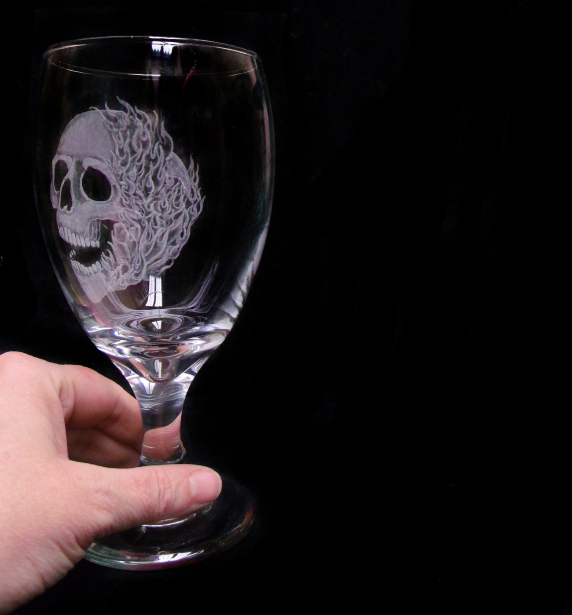 Skull and Flames Goblet Clear Ready to Ship Wine Goblet Hand Engraved ...