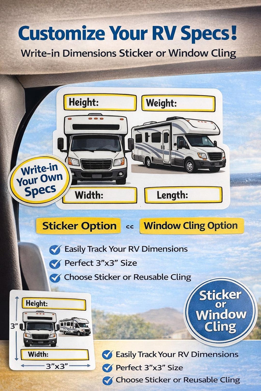 Class C RV Specs Window Cling – Dashboard Dimensions Guide, RV Safety ...