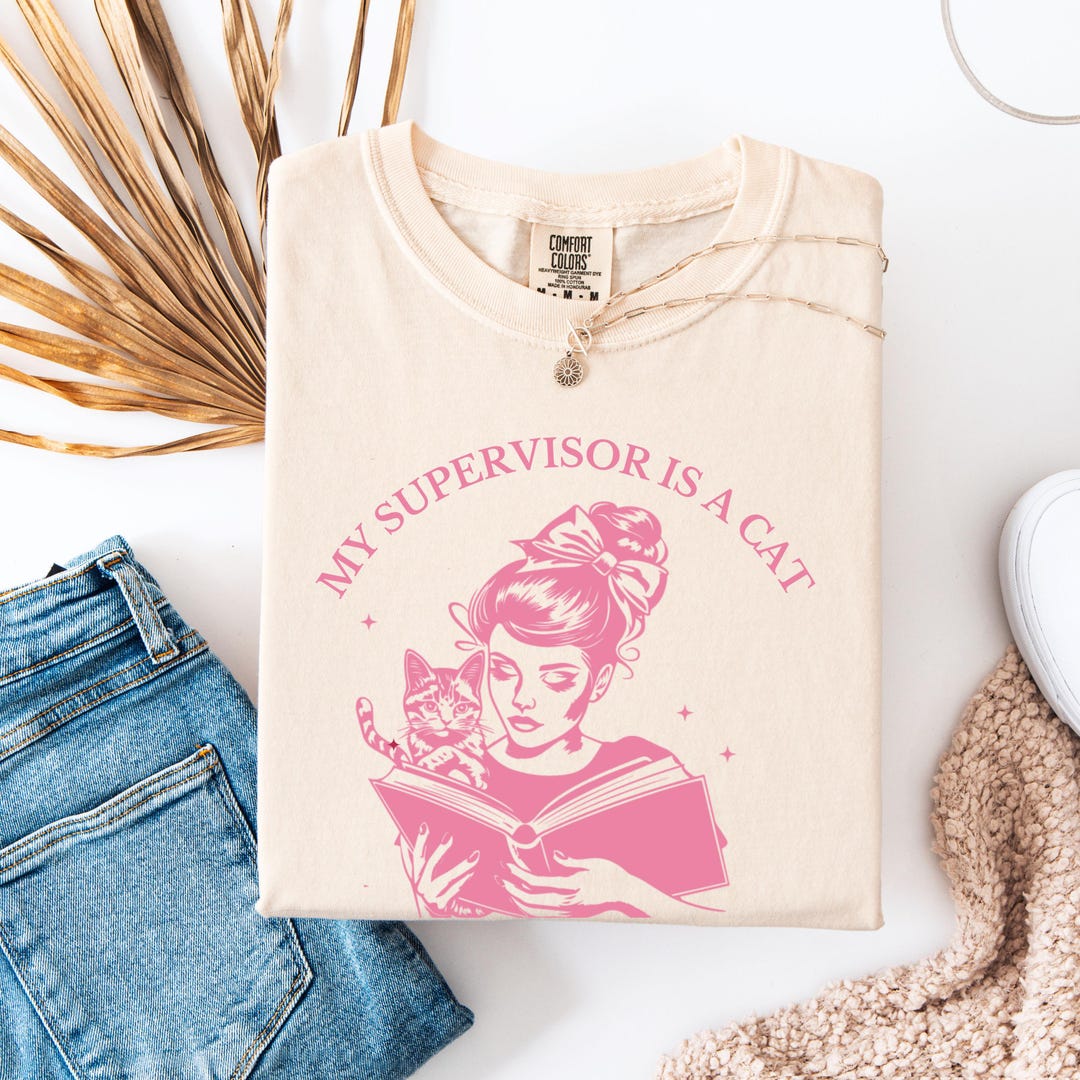 My Supervisor is A Cat T-shirt | Vintage Reader Cat Illustration, Pink ...
