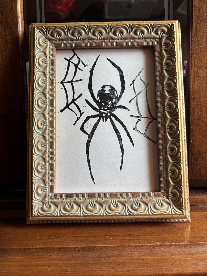 5x7 | Hand-carved "spider" | Linocut Print Wall Art | Black and White ...