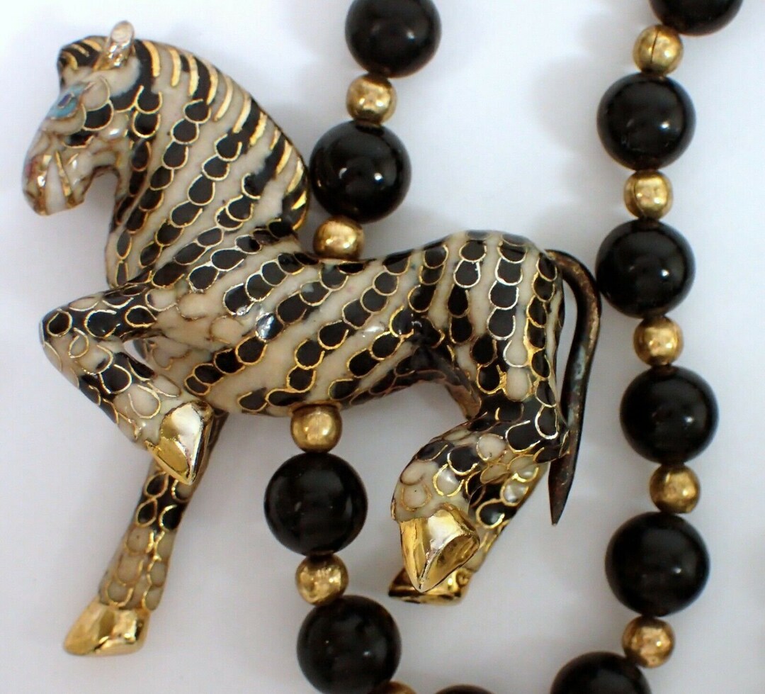 Estate 27" Vintage Chinese Zebra HORSE CLOISONNE Enamel Black Onyx ...