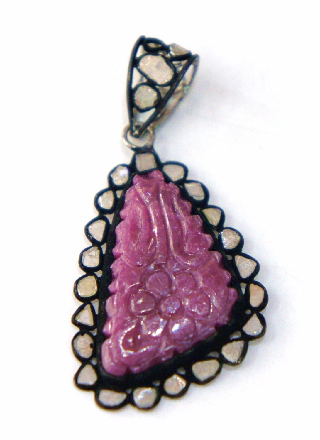 Mixed Era Abstract 2ct Old Mine Diamond 12ct Carved Floral Motif Ruby Statement Pendant 18 ...