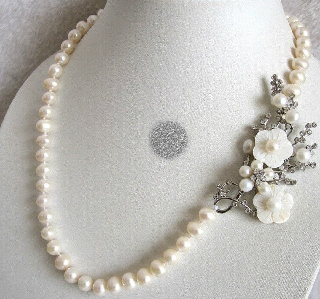 No. 6 Ornate White Freshwater Pearl Botanical Silver Flower Statement ...