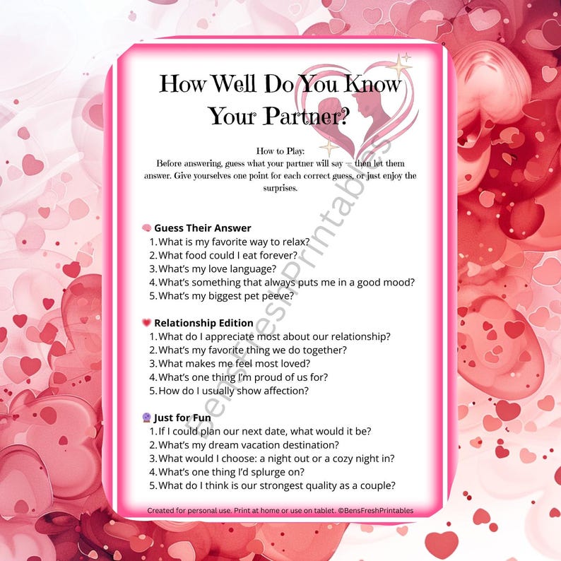 Couples Quiz Game • Valentine's Day, Bridal Shower (instant Download ...
