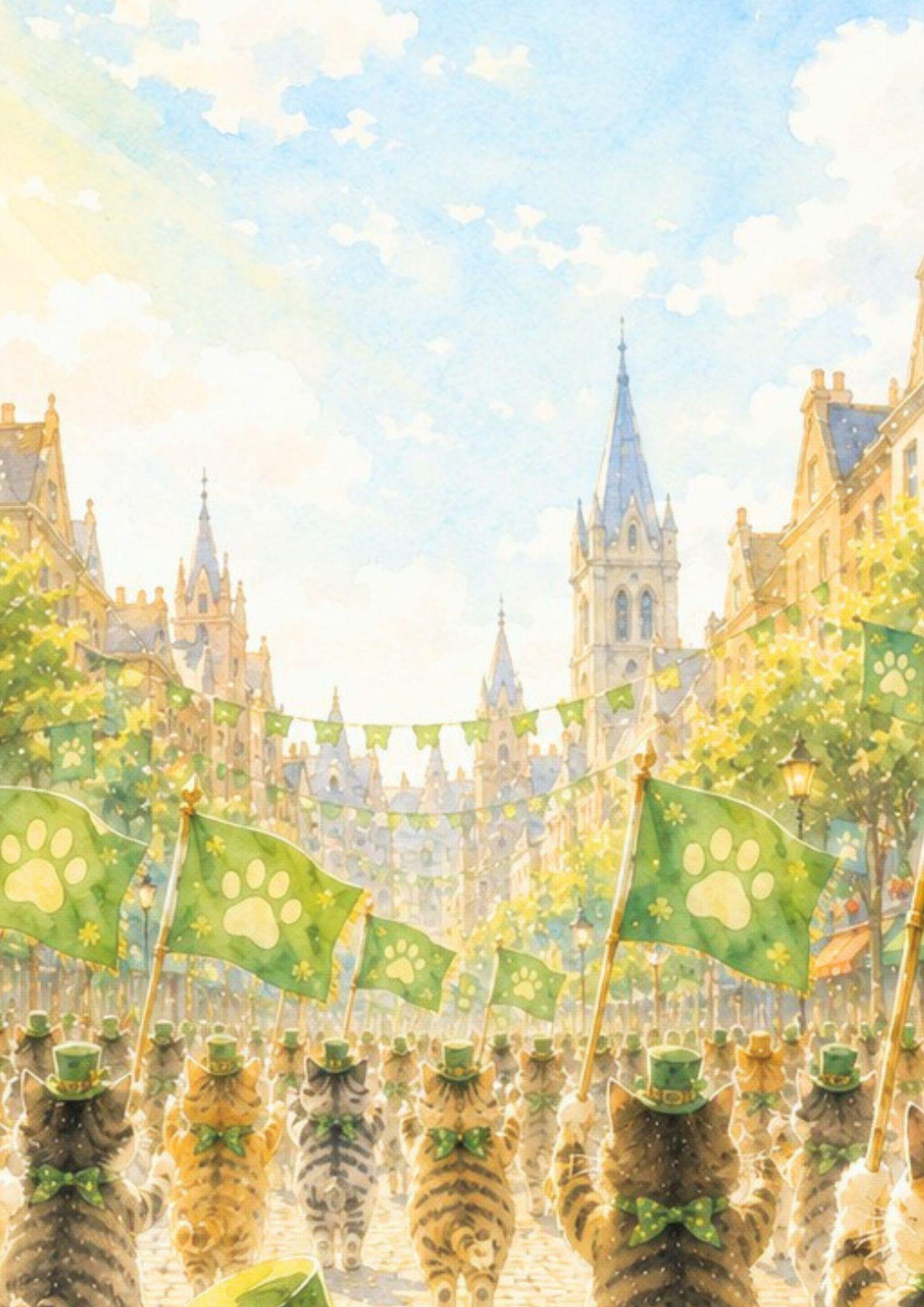 Back View Cat – Lucky Green Parade – Emotional Watercolor Poster - Etsy 日本