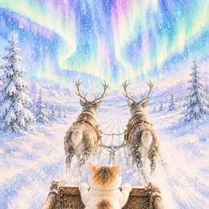 Back View Cat – Aurora Sleigh Ride with Reindeer – Emotional Watercolor ...