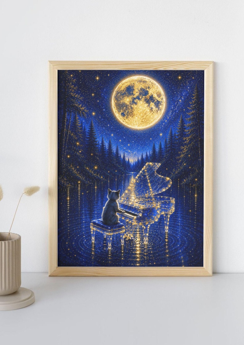 Sapphire & Gold Moonlight Piano Cat | Jewel Collection Fantasy Cat Art ...