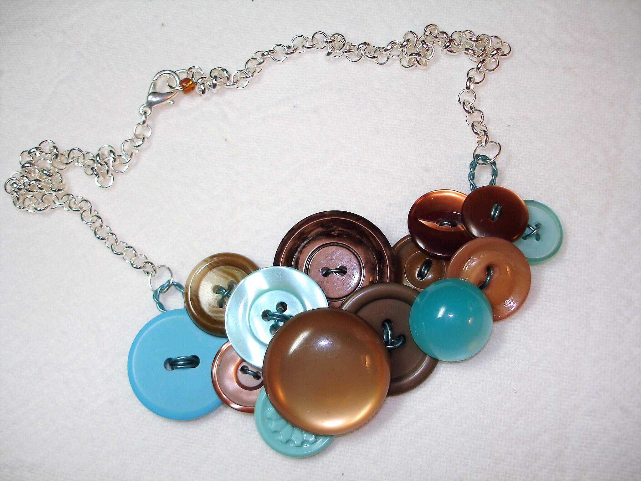 VINTAGE Button Necklace Button Jewelry BRONZE AQUA Blue brown Hand ...