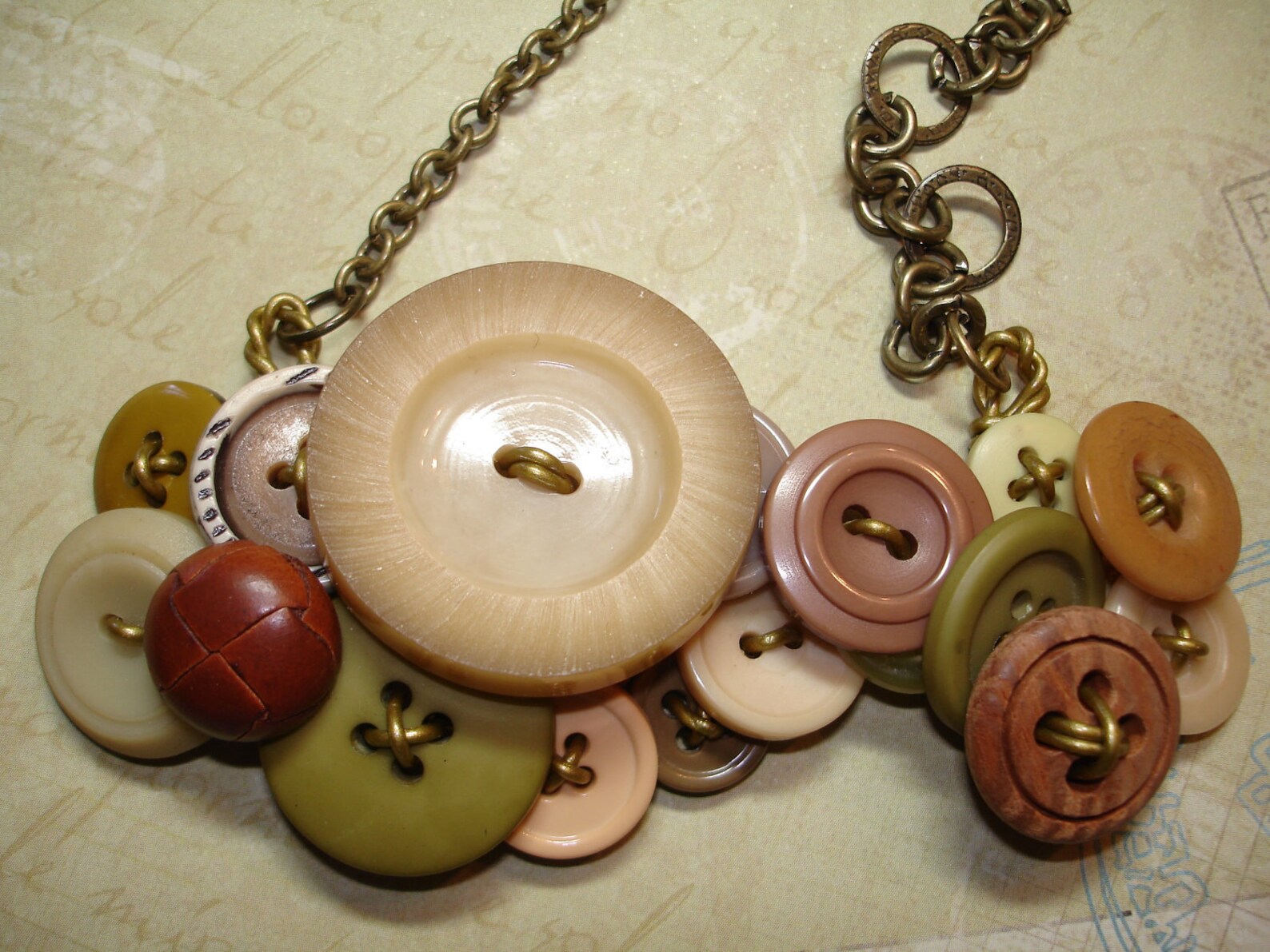 Button Necklace - "the Natural" -vintage Button Jewelry - Tan, GREEN ...