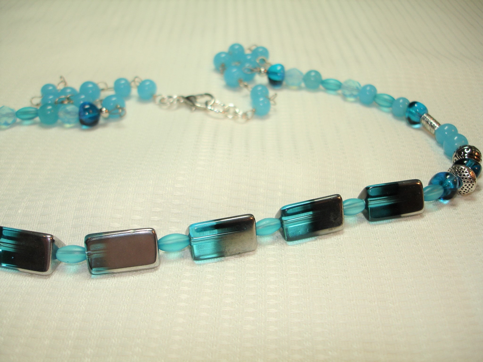 Aqua Blue and Silver Beaded Necklace - Pretty Triangle Focal Beads ...