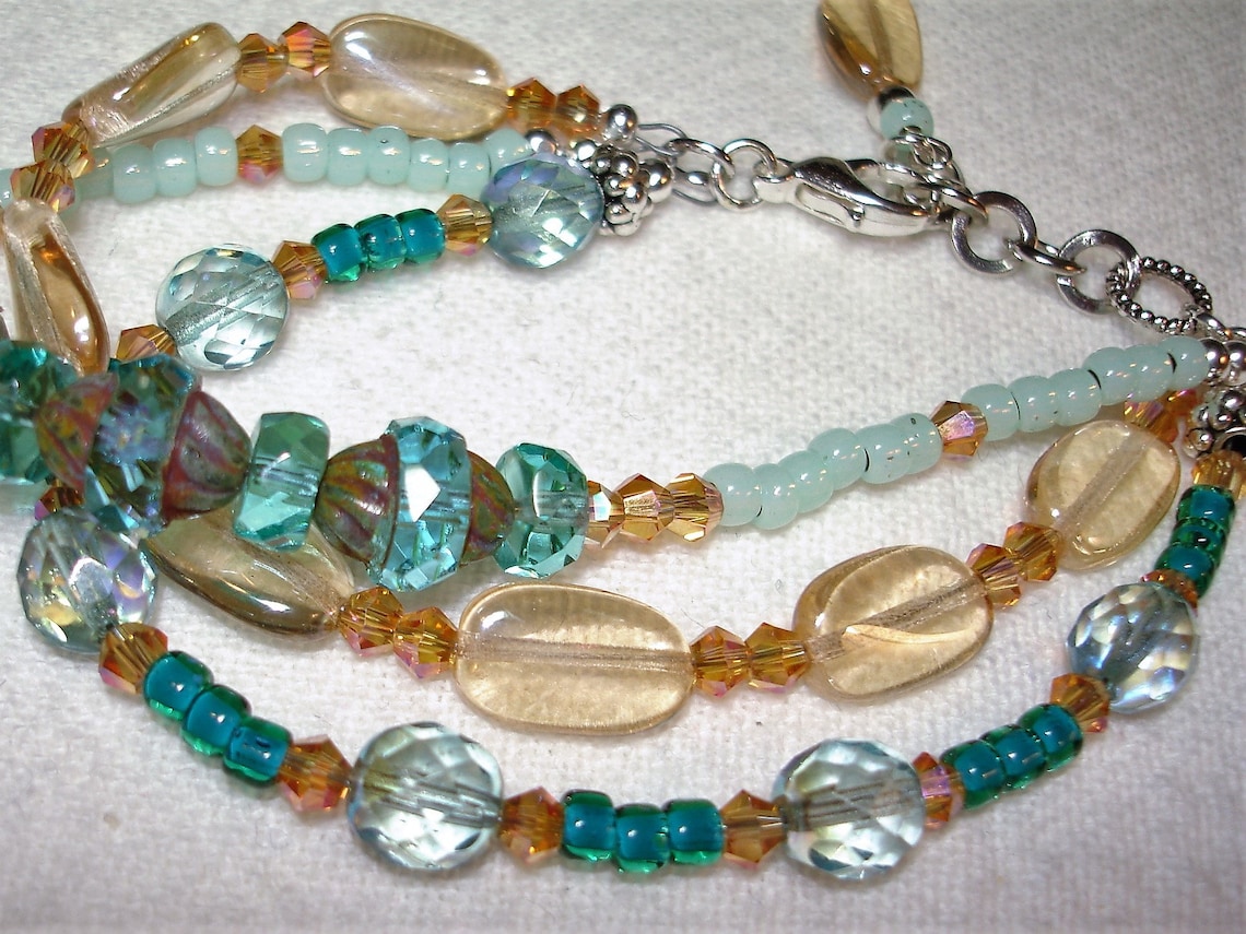 Multi Strand GLASS Bead Bracelet Sparkling in Crystal Aqua and Golden ...