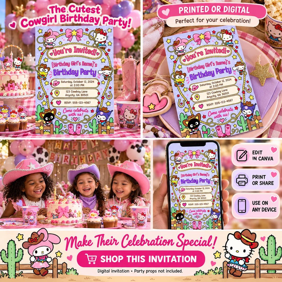 Kitty Cowgirl Birthday Invitation, Western Girl Party Invite, Cute ...