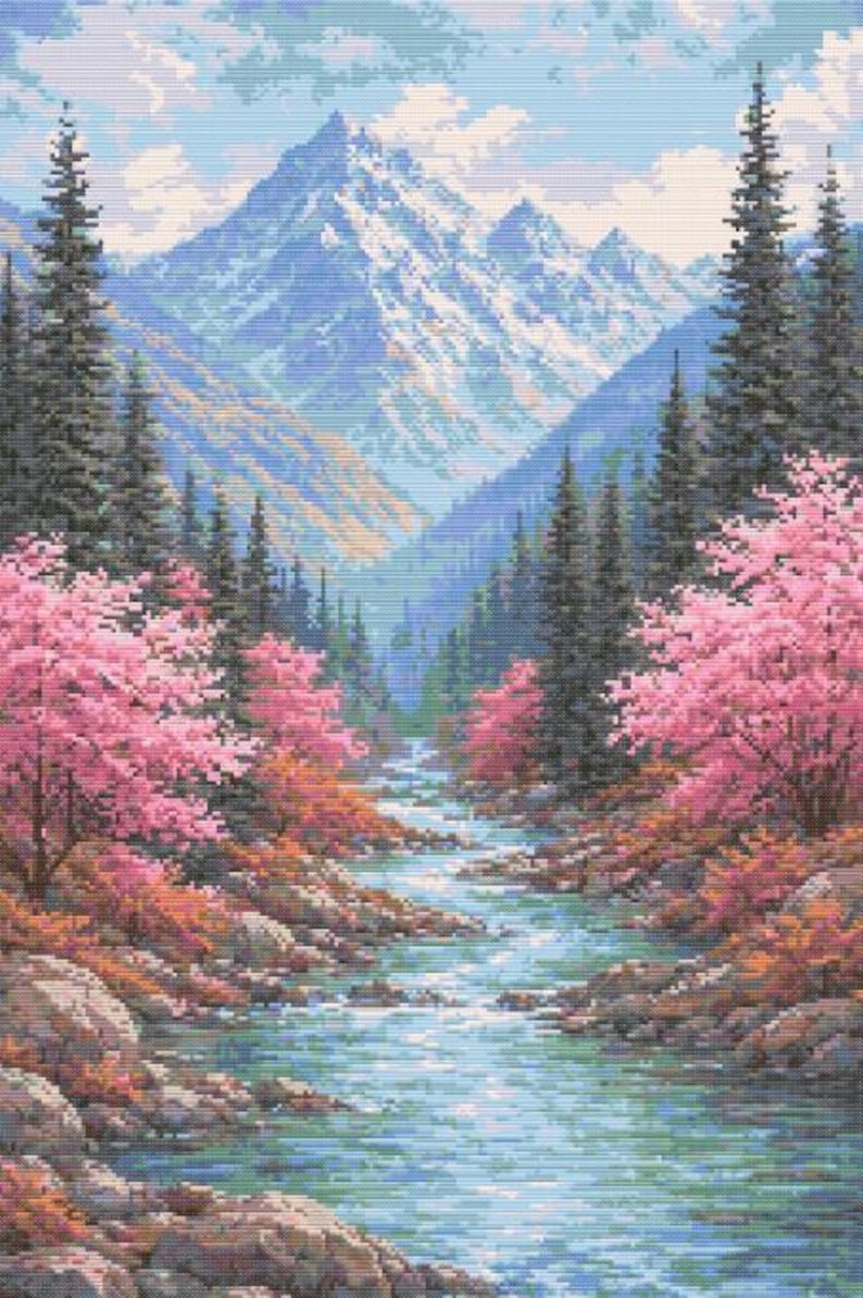Mountain Cross Stitch Pattern River Landscape Embroidery PDF Nature ...