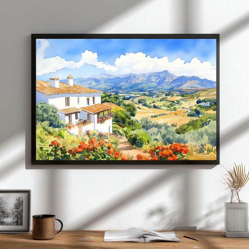 Ronda Spain Watercolor Print – Andalusian Gorge Landscape, Terracotta ...