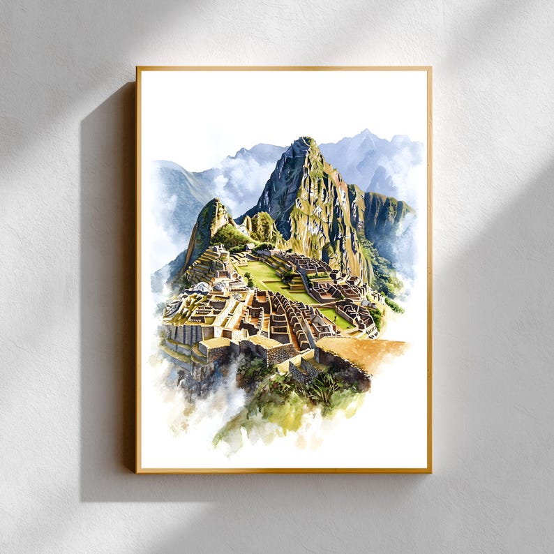 Machu Picchu Watercolor Print – Incan Citadel Landscape, Andes Wall ...