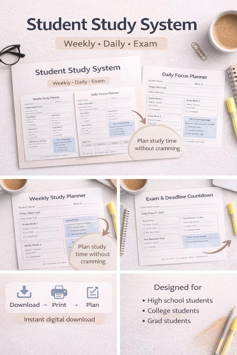 Student Study System Printable | Weekly Study Planner, Daily Focus ...