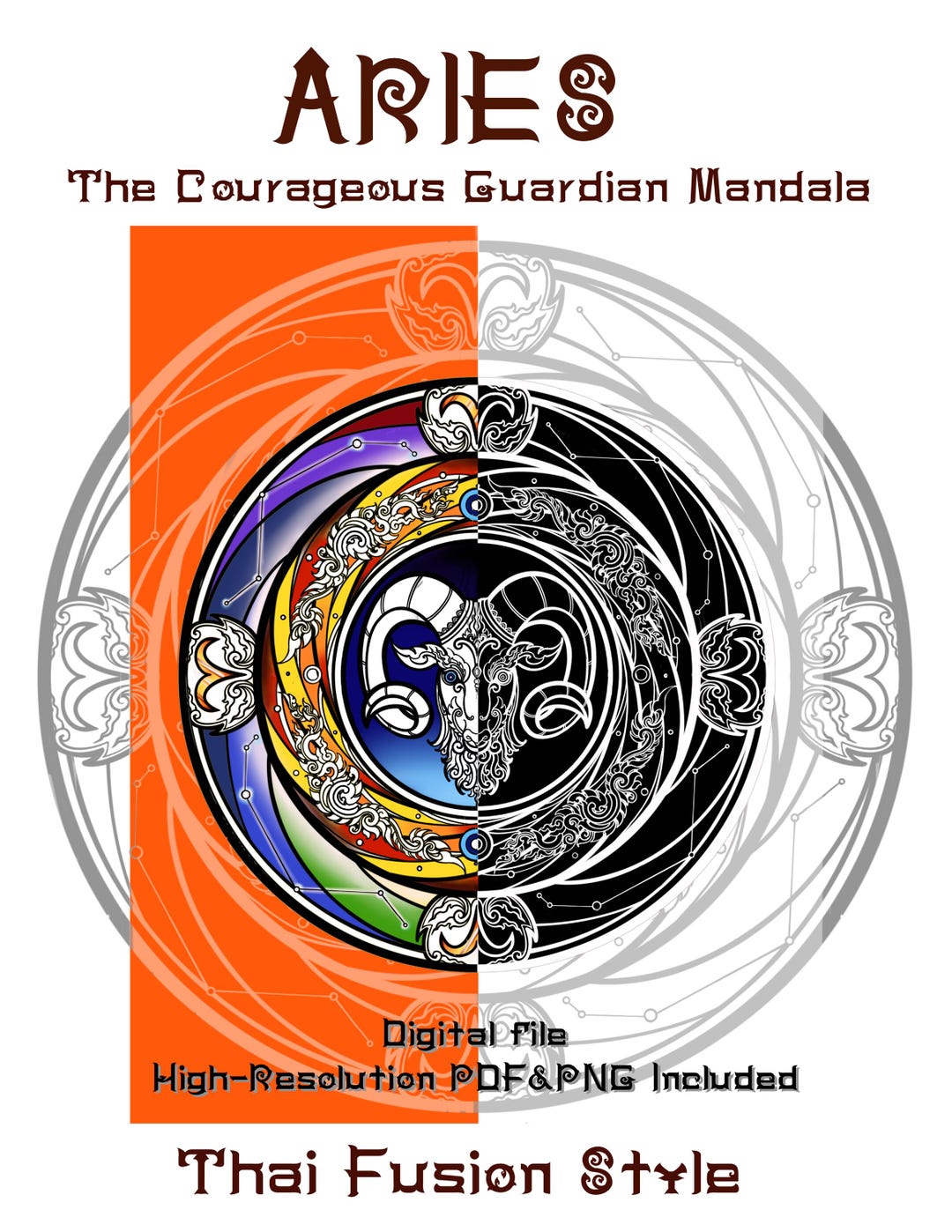 Aries Mandala Coloring Page | Thai Zodiac Ram Art (PDF PNG Download) - Etsy