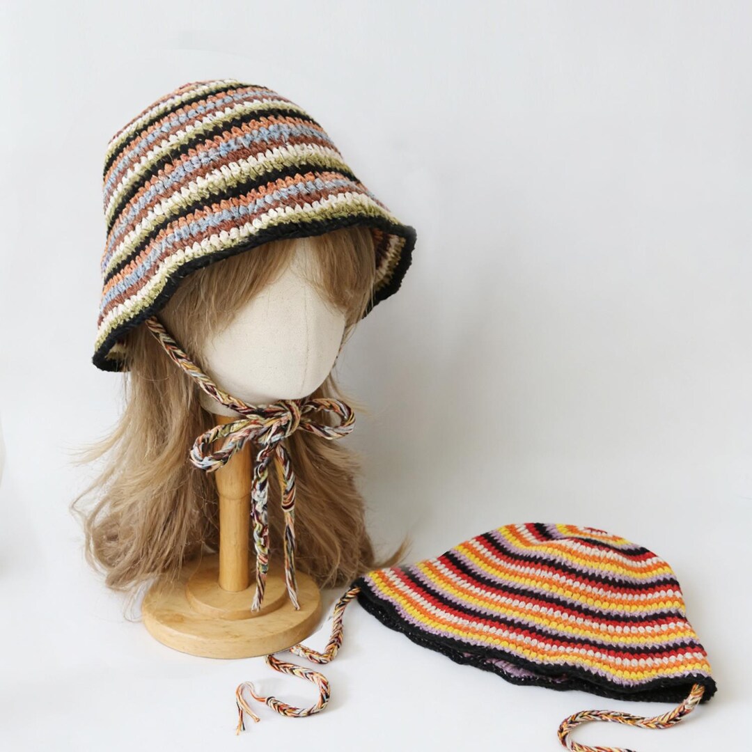 Striped Crochet Bucket Hat, Retro Boho Summer Sun Hat, Tie Detail - Etsy