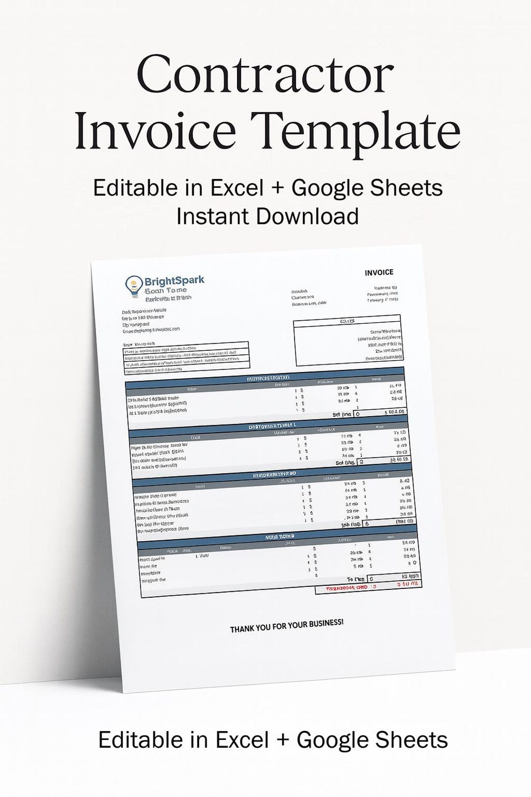 Invoice Template for Excel and Google Sheets Editable Contractor ...