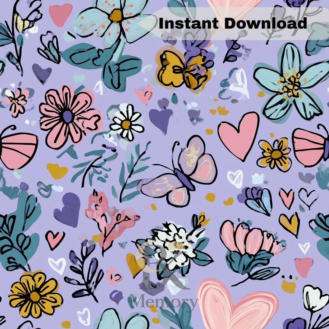 Seamless Spring Floral Butterfly Pattern | Pastel Flowers and Hearts ...