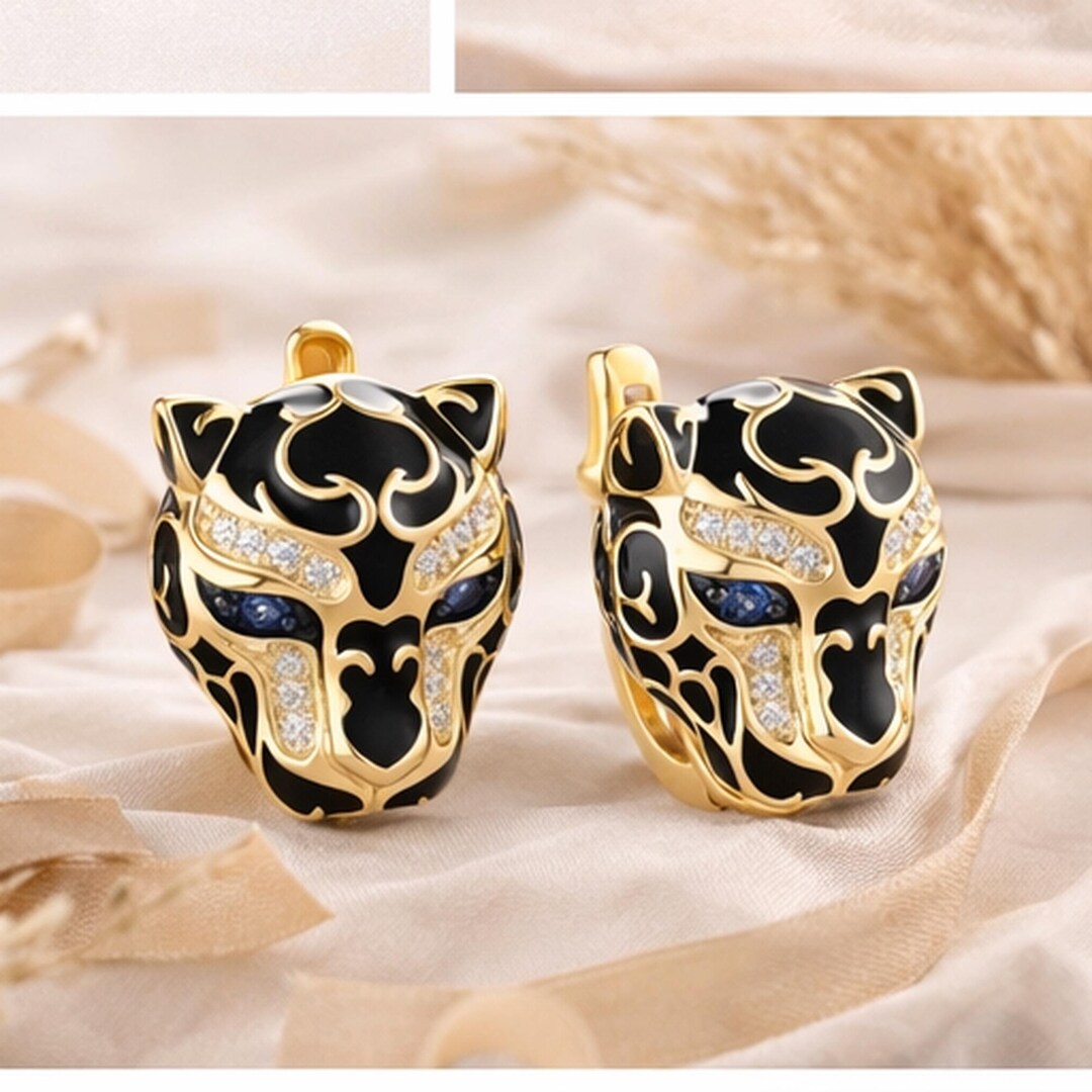 Gold Panther Head Earrings With Black Enamel – Luxury Statement Animal ...
