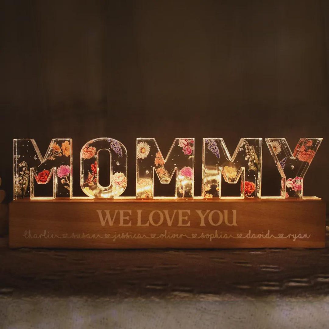 Personalized “mommy” Name Night Light – Custom Floral LED Acrylic Lamp ...