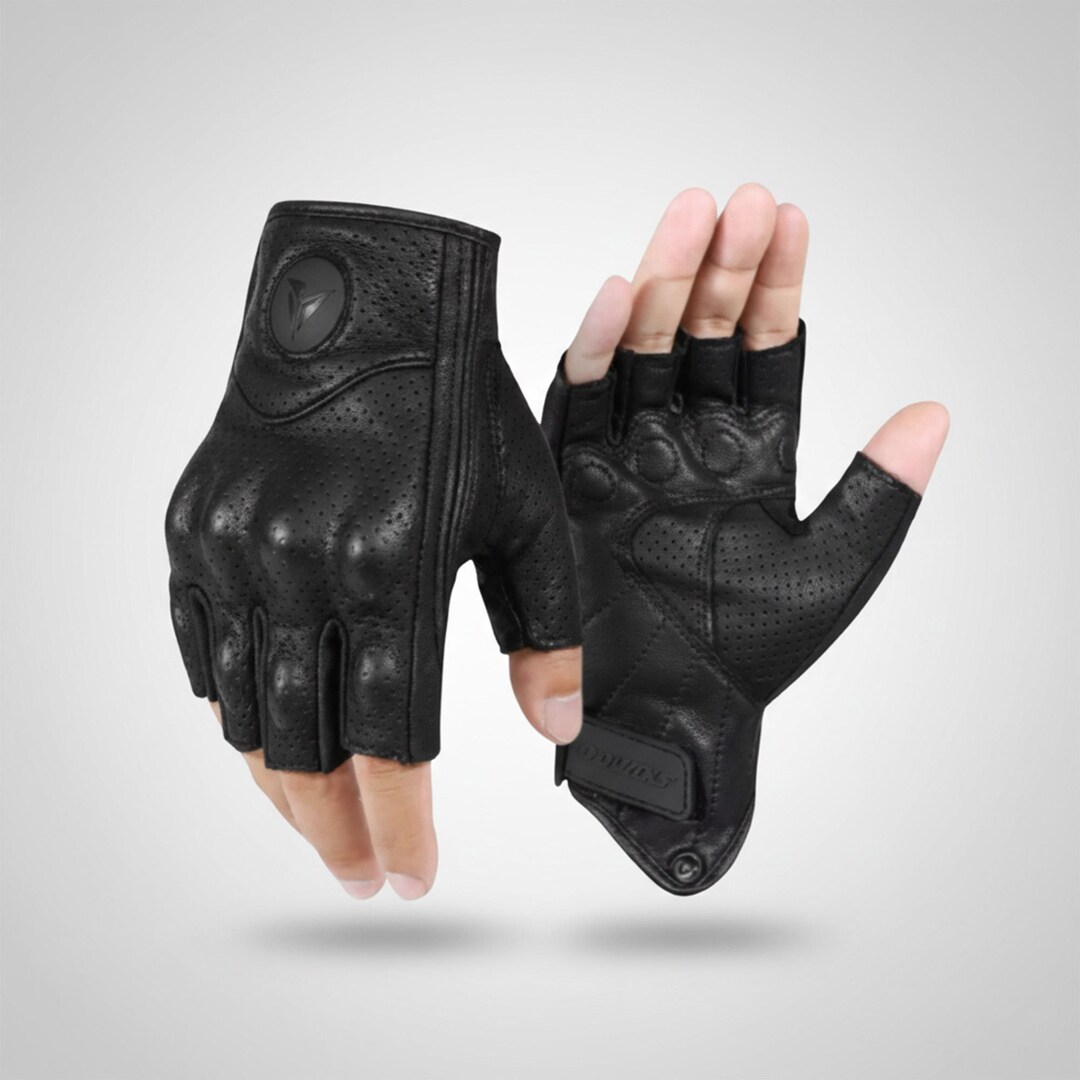 Premium Leather Motorcycle Gloves - Half Finger Fingerless Biker Gear ...