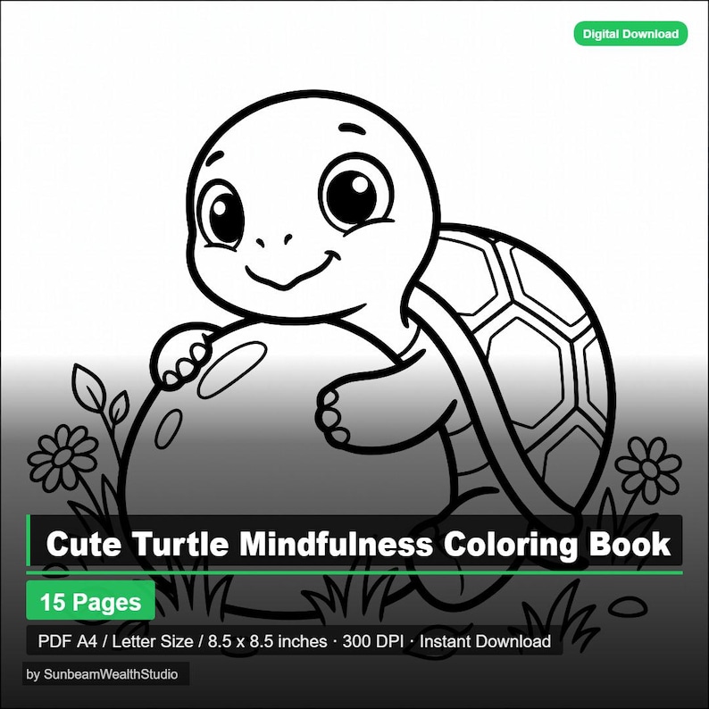 Turtle Mindfulness Coloring Pages | Kawaii Line Art for Kids Adults ...