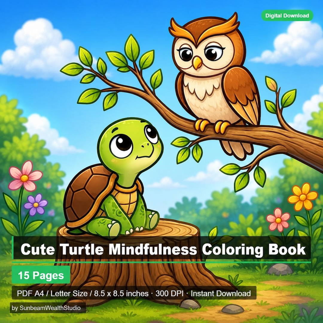 Turtle Mindfulness Coloring Pages | Kawaii Line Art for Kids Adults ...