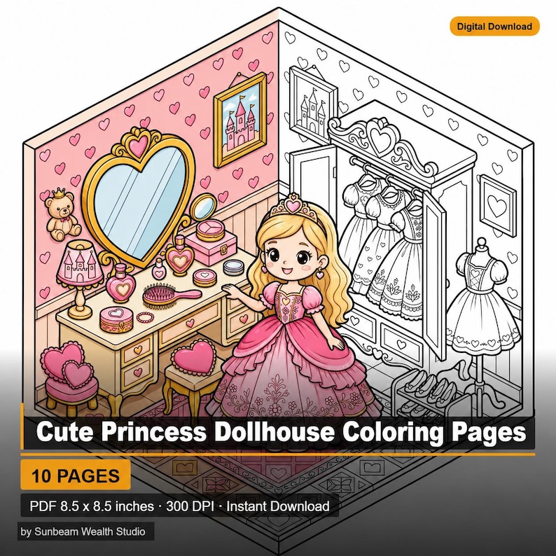 Princess Dollhouse Coloring Pages | Line Art Printable (instant ...