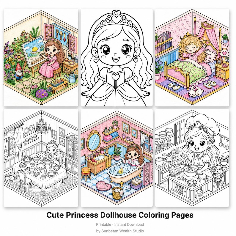 Princess Dollhouse Coloring Pages | Line Art Printable (instant ...