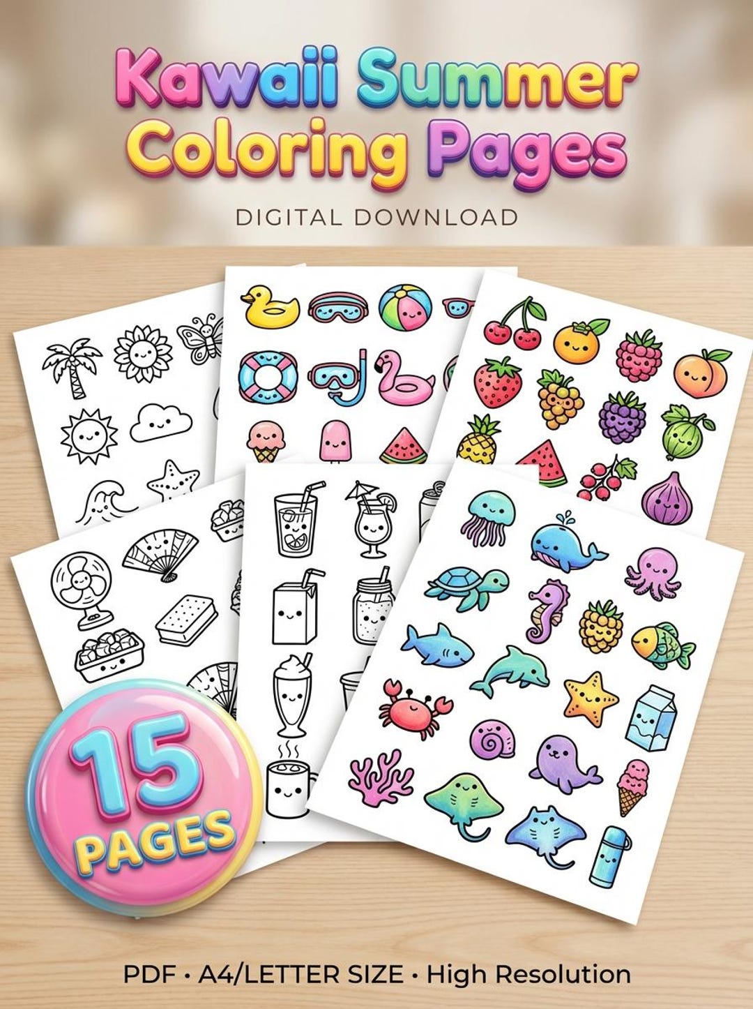Kawaii Summer Coloring Pages for Kids, Simple Doodle PDF Activity ...