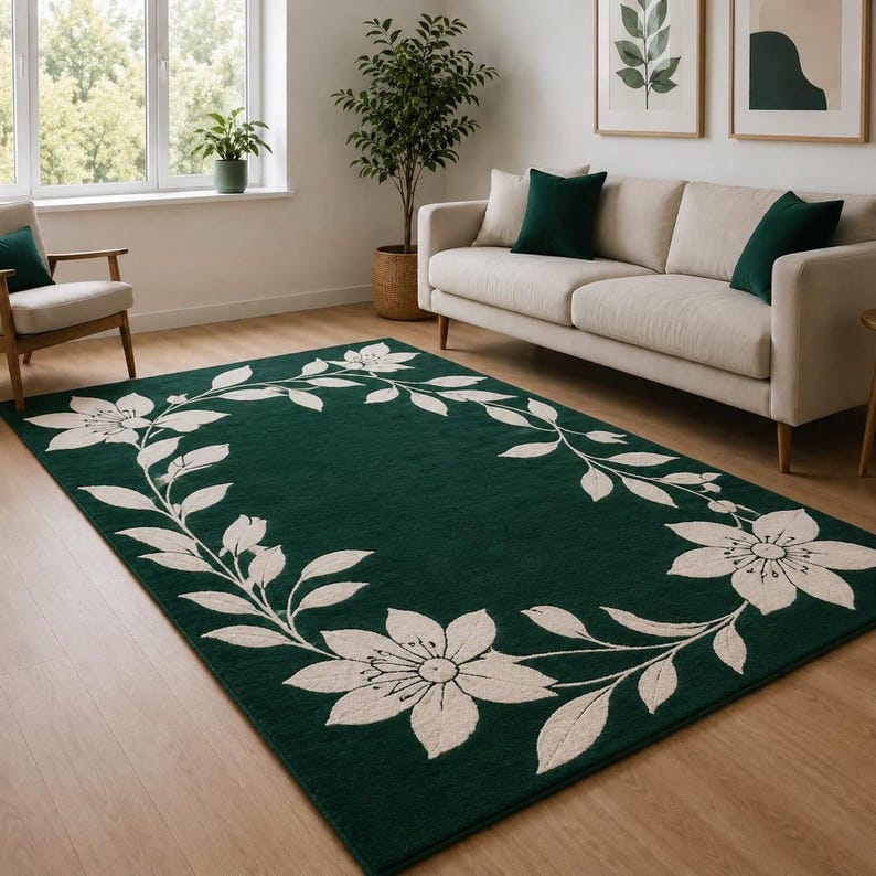Hand Tufted Green Floral Area Rug, 3D Carved Botanical Wreath Carpet ...