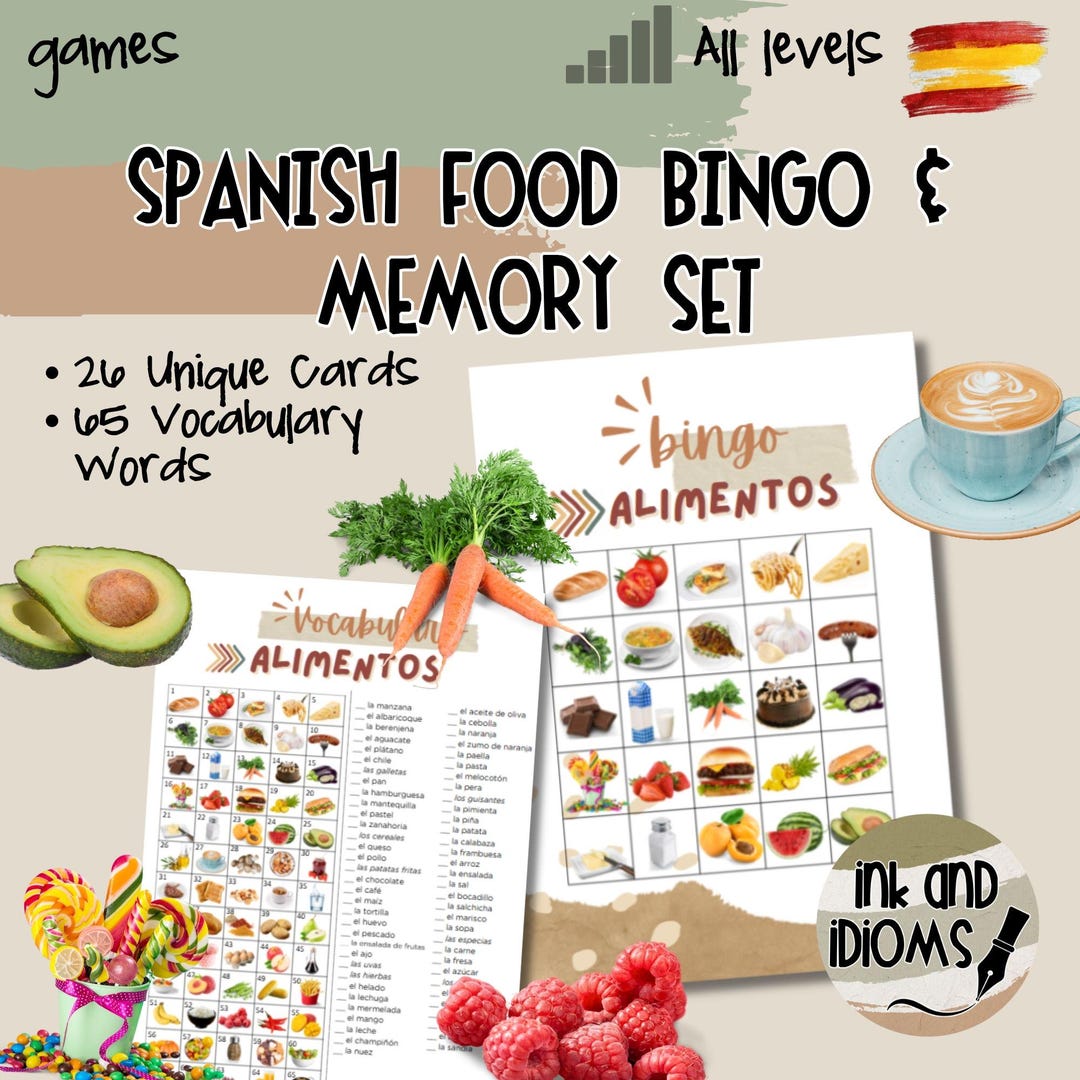 Spanish Food Bingo Game 26 Unique Cards 65 Vocabulary Words Sopa De ...