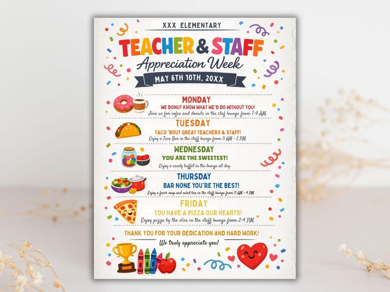 Editable Teacher & Staff Appreciation Week Itinerary Flyer (canva ...
